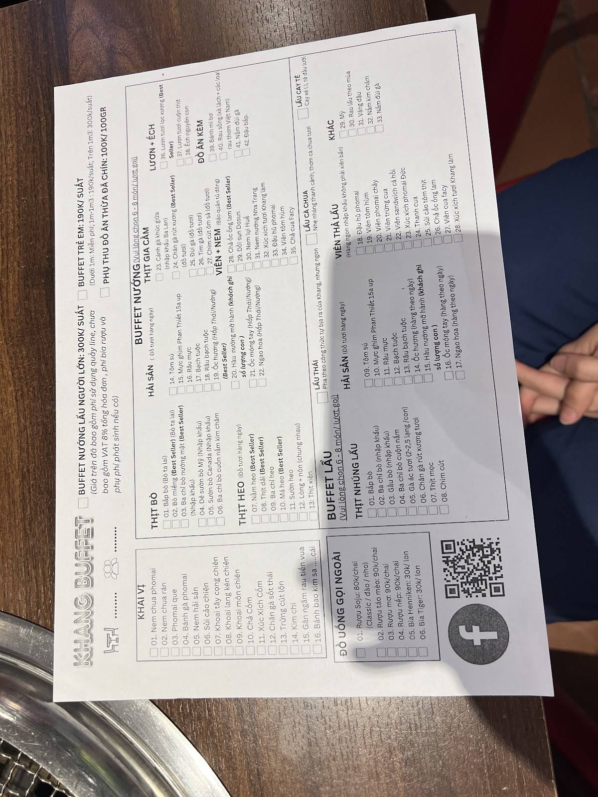 Menu at Khang Buffet BBQ, Hanoi