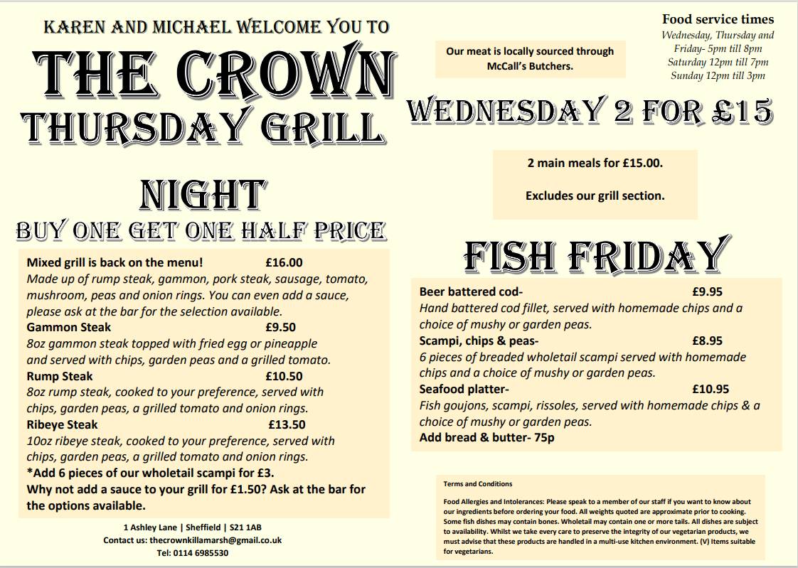Menu at The Crown, Killamarsh, Sheffield, S21 1AB pub & bar, Sheffield ...