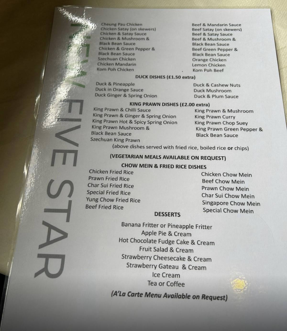 Menu at New Five Star Restaurant, Kilmarnock