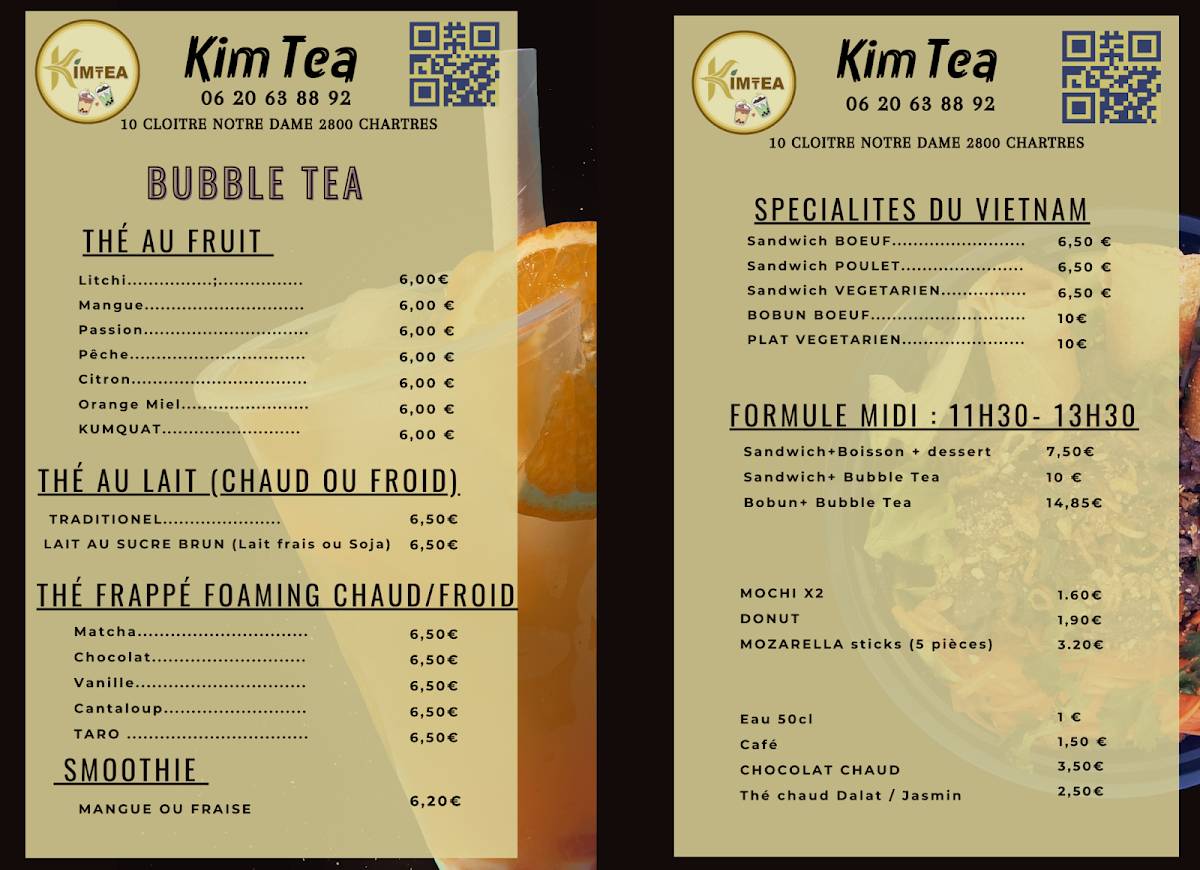 Menu au Kim Tea Bubble Tea Shop restaurant, Chartres