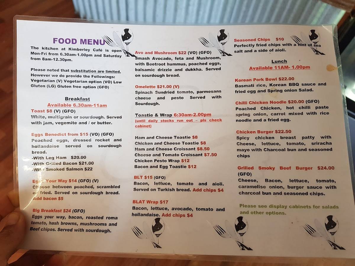 Menu at Kimberley Cafe, Kununurra