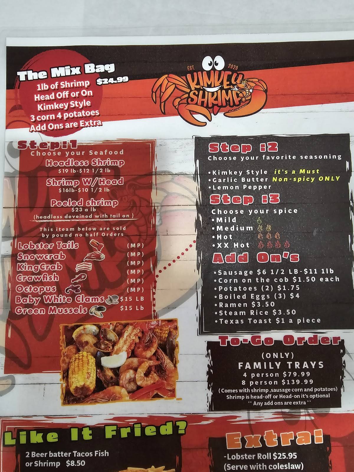 Menu at Kimkey Shrimp Seafood Boil restaurant, Indio