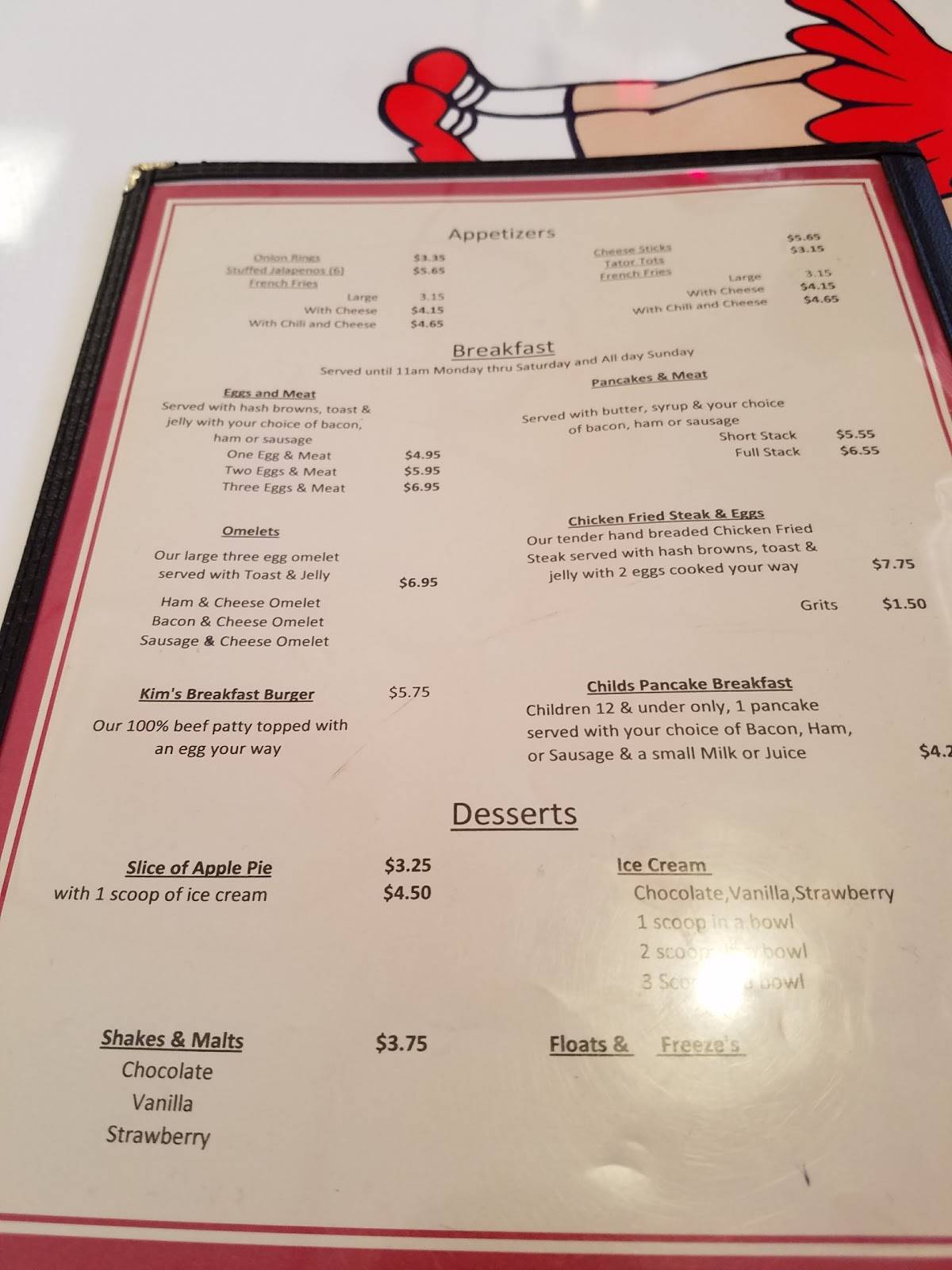 Menu at Kim's Diner cafe, Waco