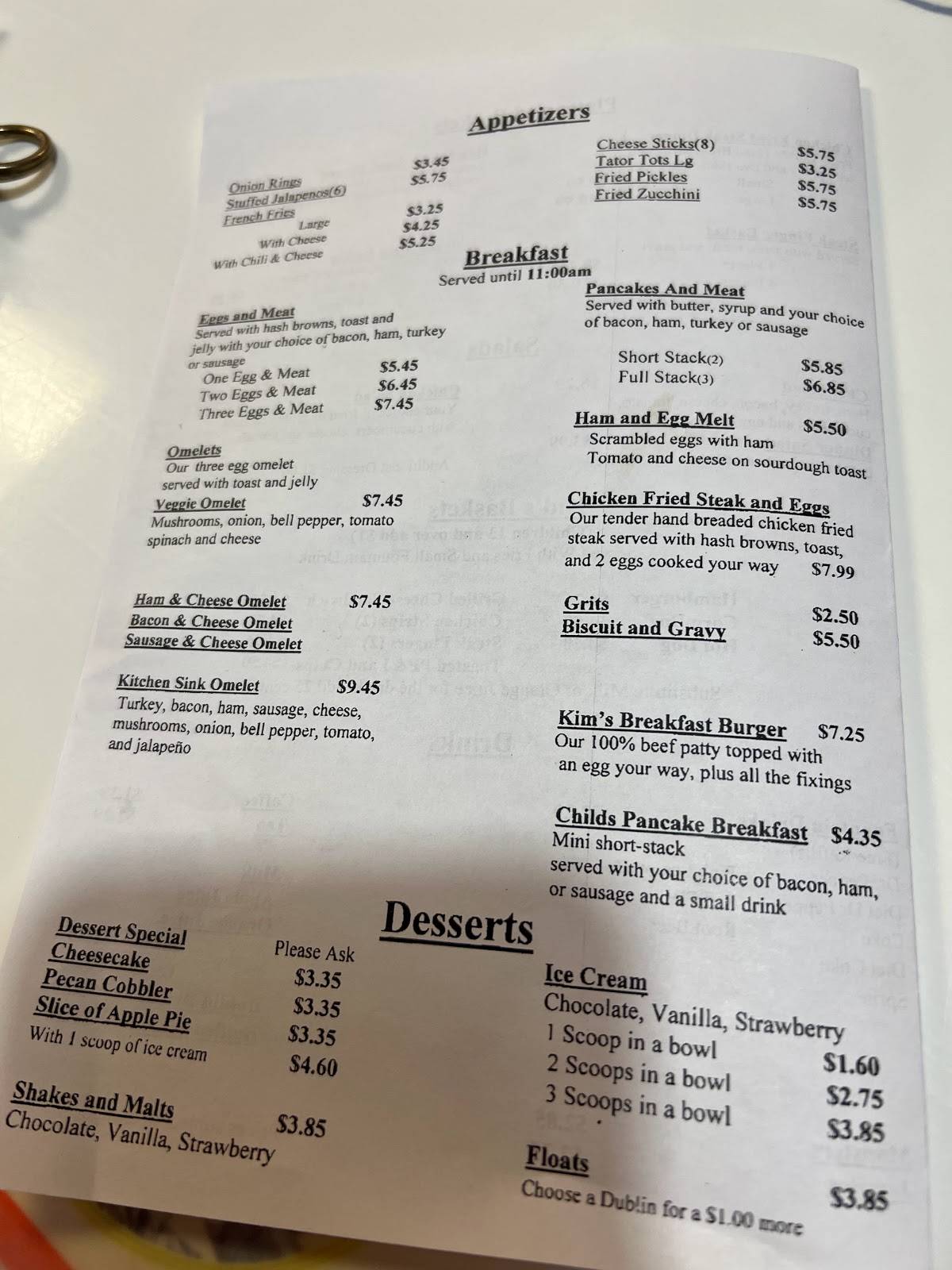 Menu at Kim's Diner cafe, Waco