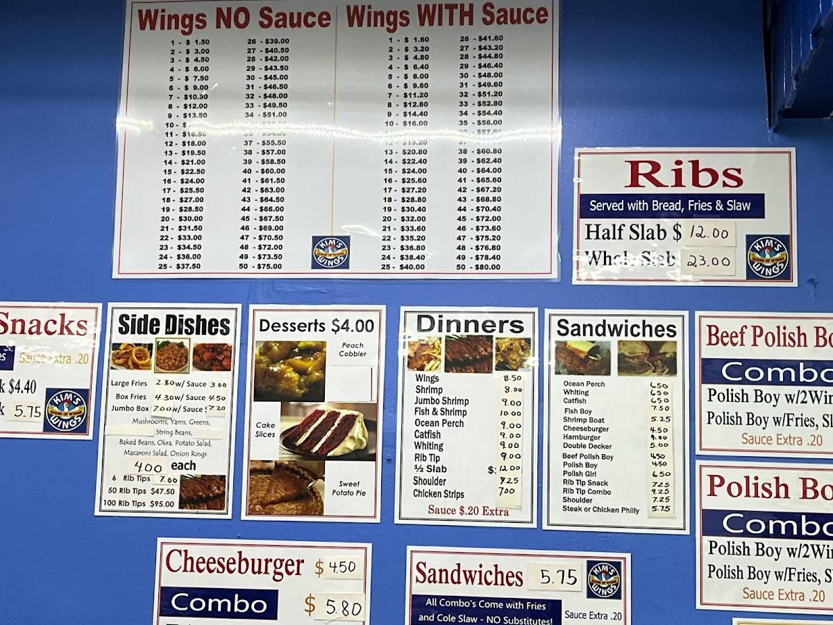 Menu at Kim's Wings restaurant, Cleveland, St Clair Ave.