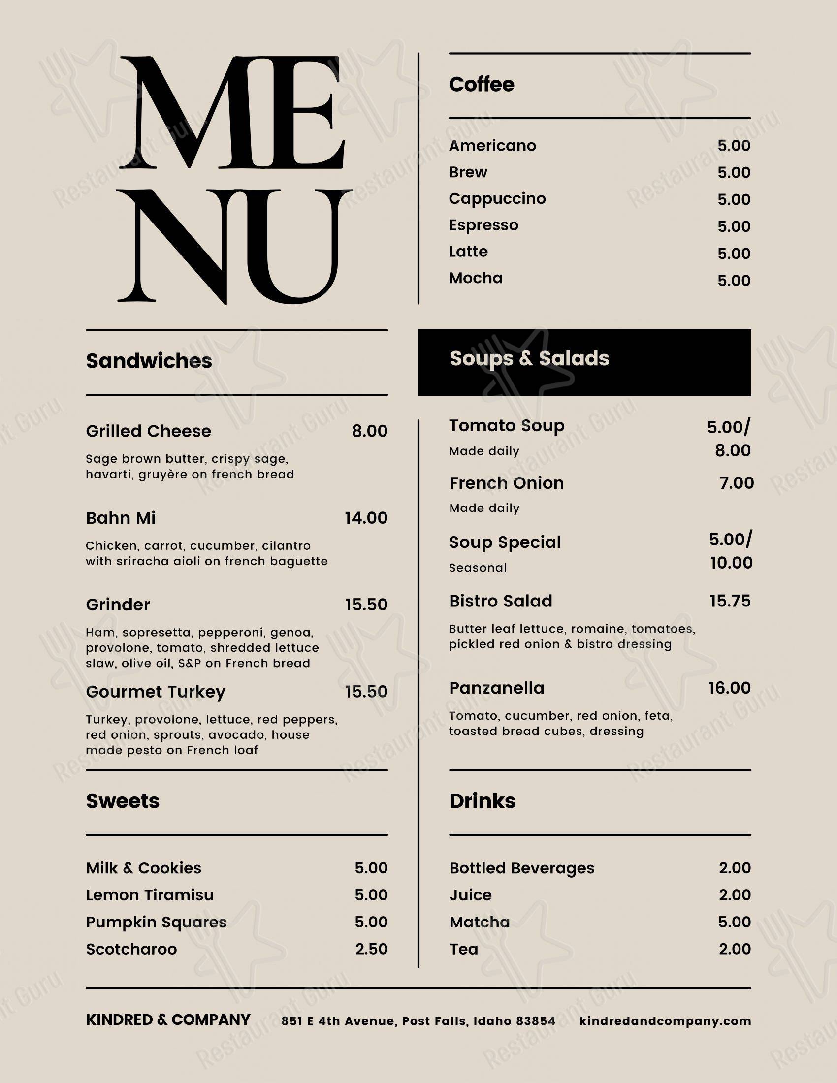 Menu at Kindred & Co restaurant, Post Falls