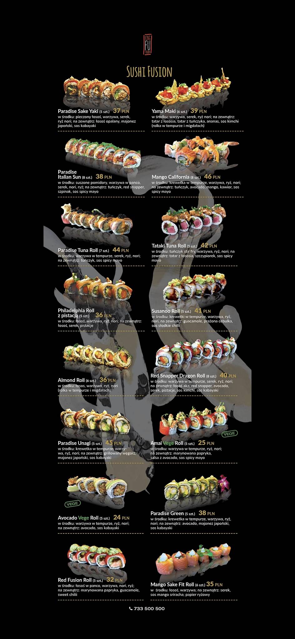 Menu at King Fu Fusion restaurant, Bydgoszcz