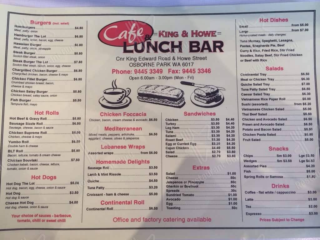 Menu at King & Howe Lunch Bar, Osborne Park