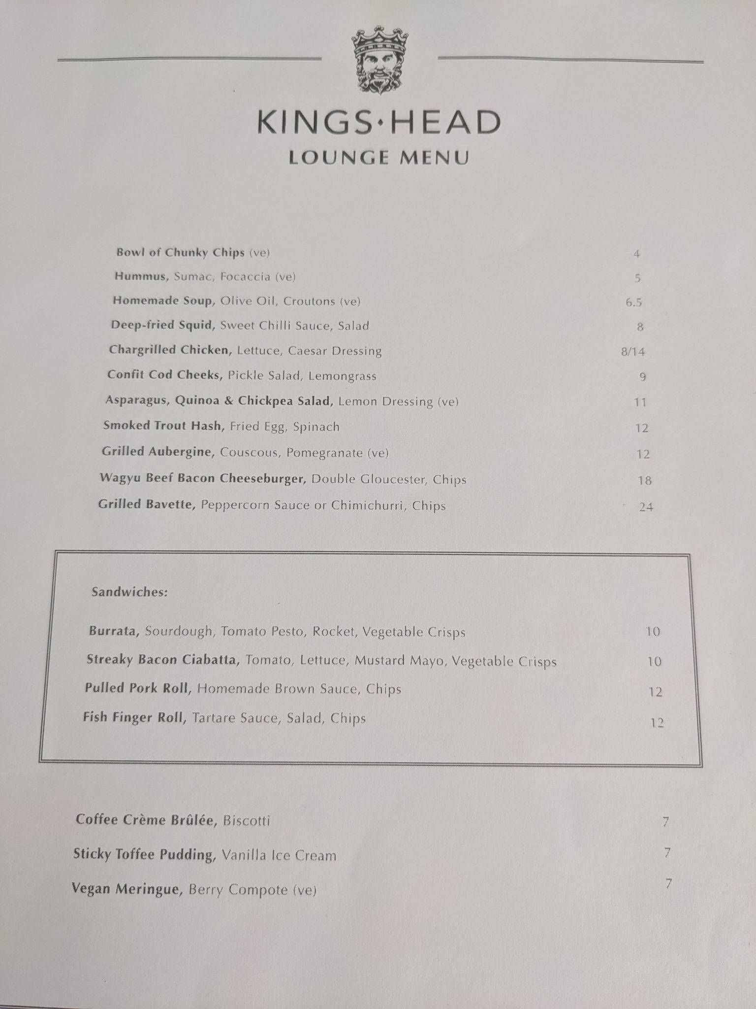 Menu at Kings Head Hotel pub & bar, Cirencester