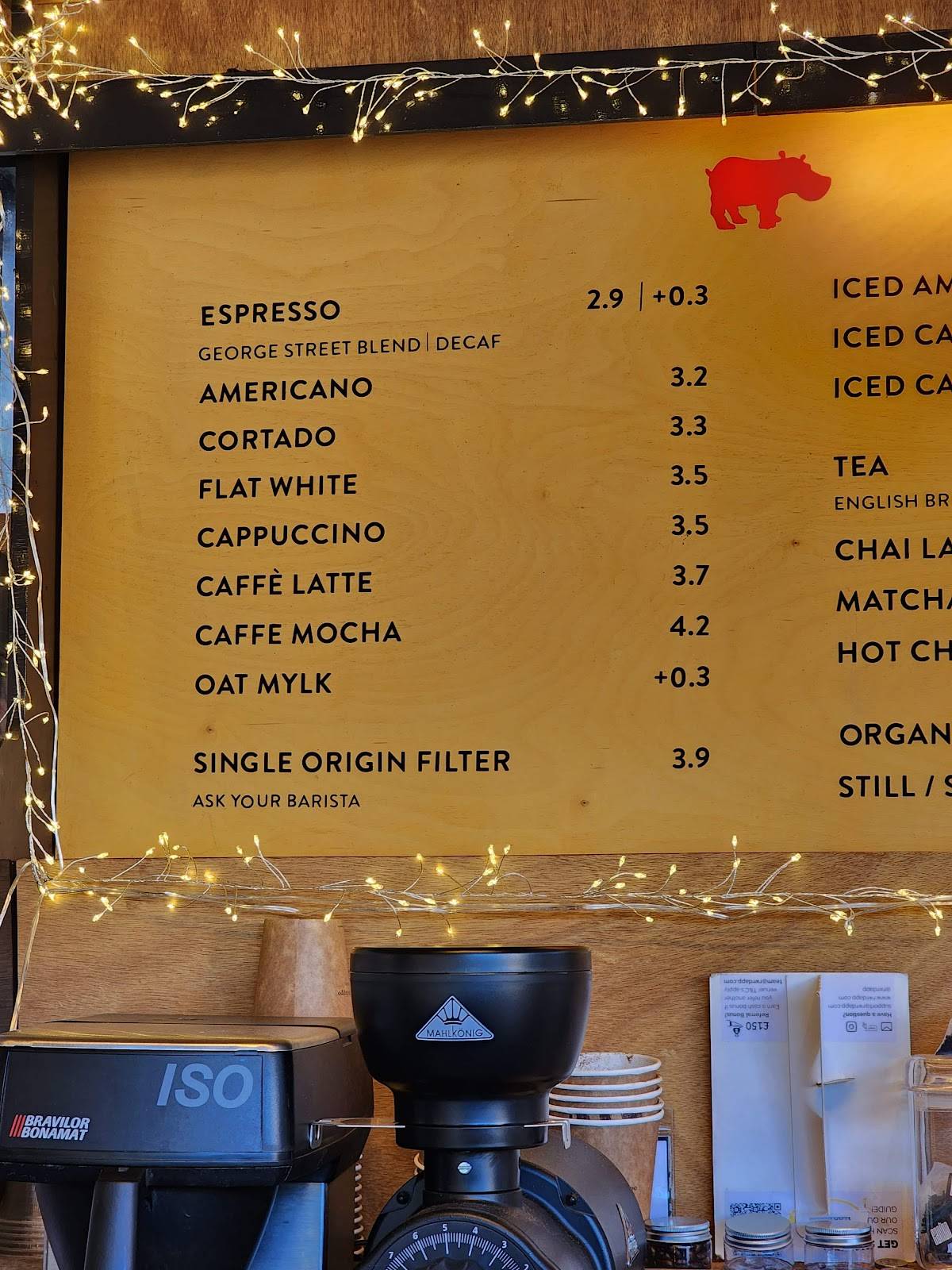 Carta del café Kiss the Hippo, Londres