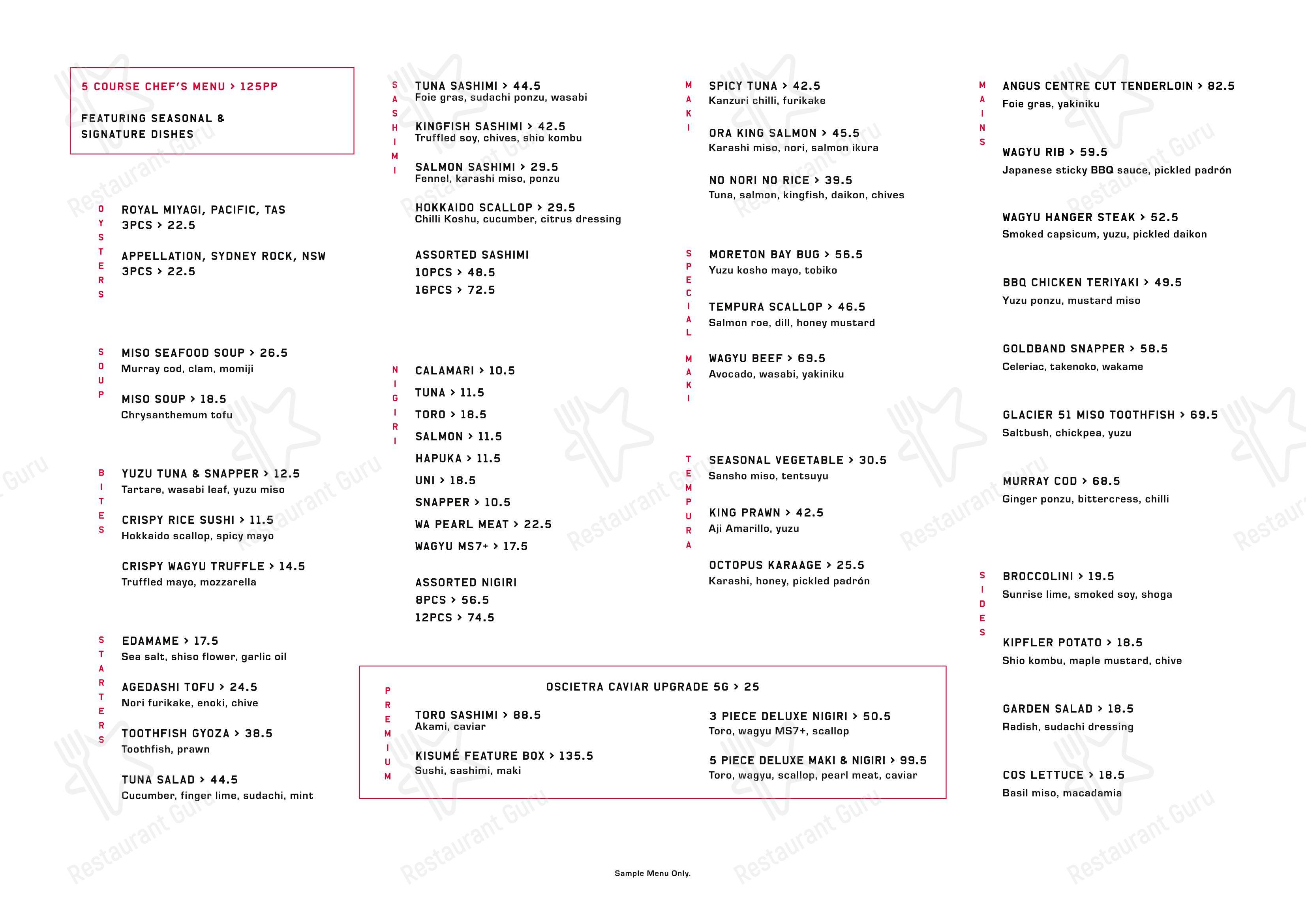 Menu at Kisumé restaurant, Melbourne