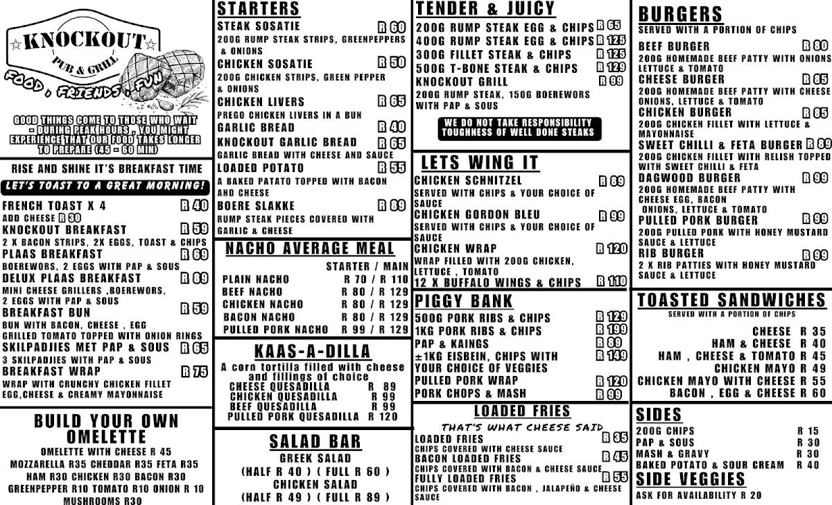 Menu at Knock Out Pub & Grill, Vanderbijlpark