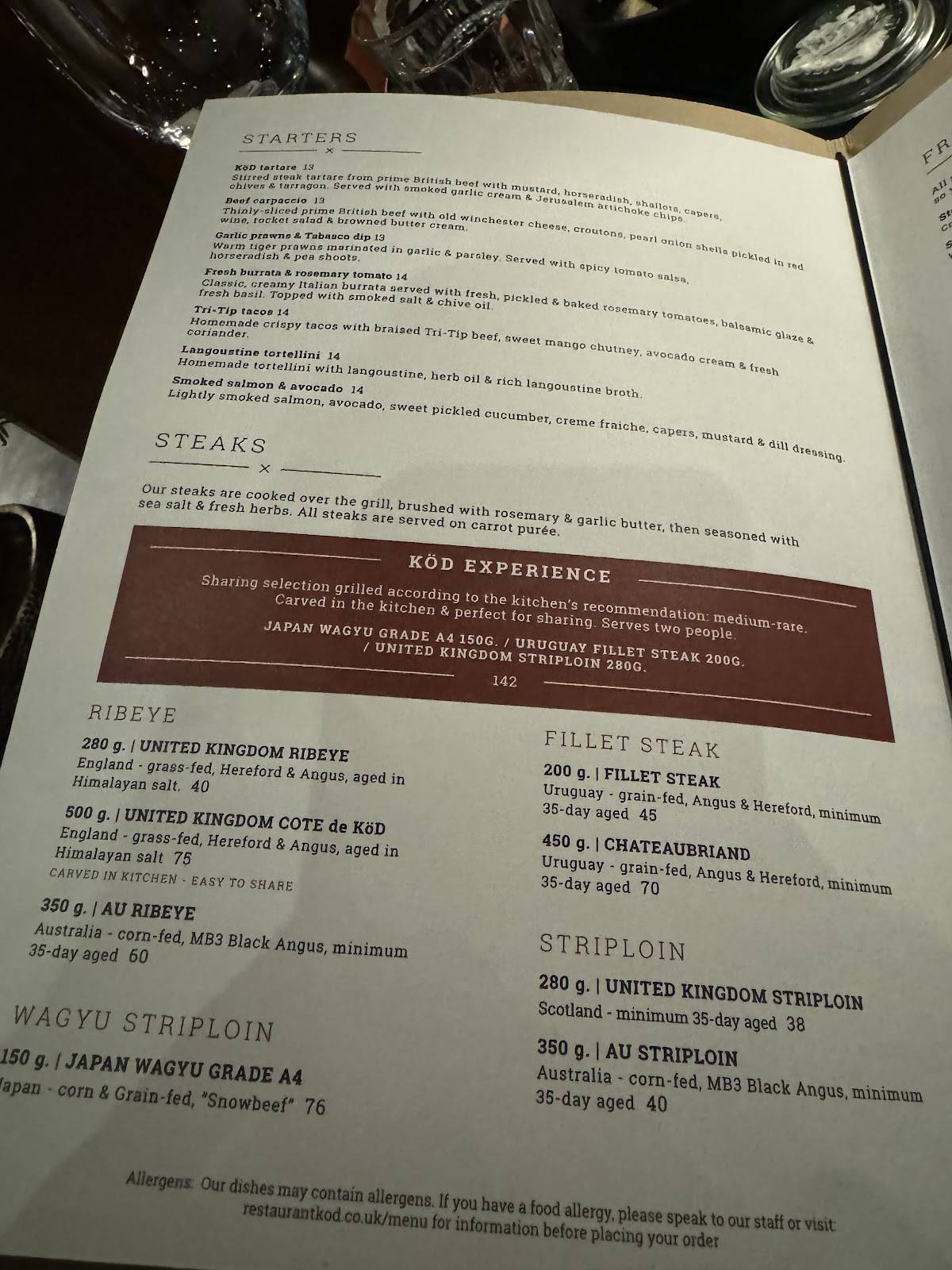 Menu at KöD Soho steakhouse, London