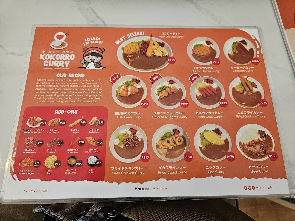 Menu at Kokorro Curry Japanese Restaurant, Makati