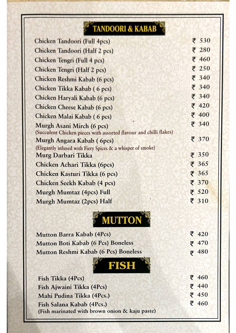 Menu at Sufi Palace, Kolkata