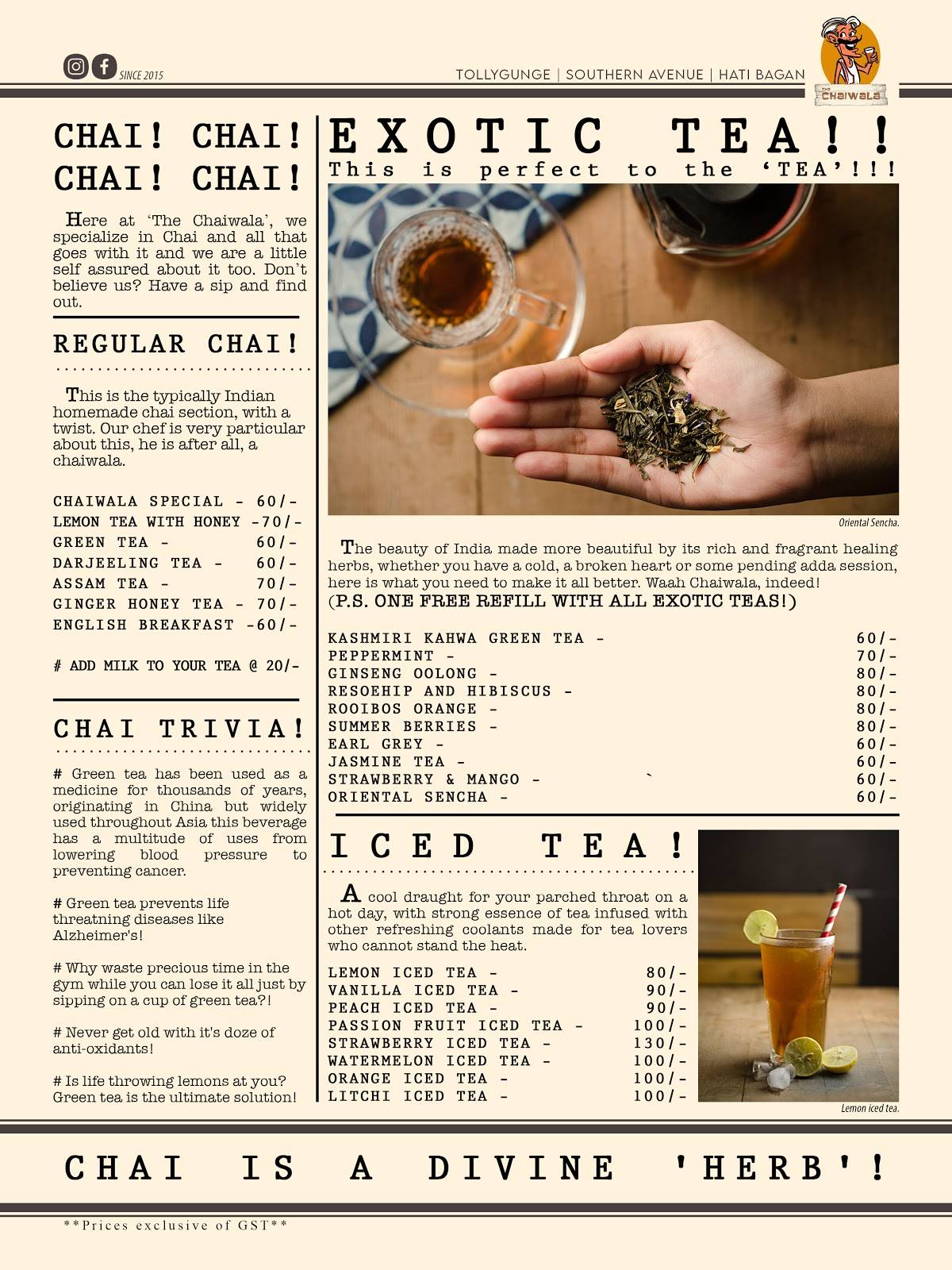 Menu at The Chaiwala, Kolkata, 6/1/2