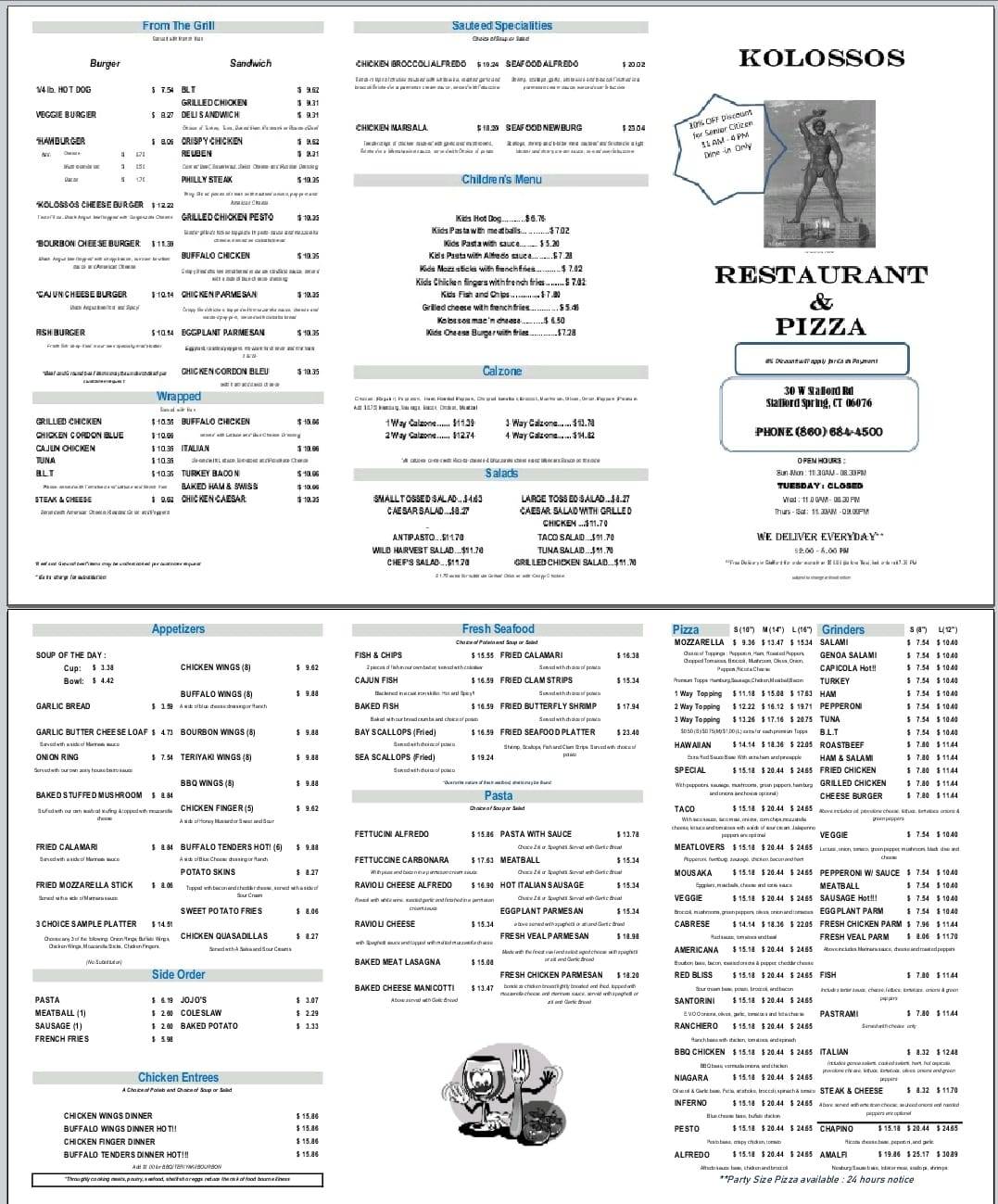 Menu at Kolossos Restaurant & Pizza, Stafford