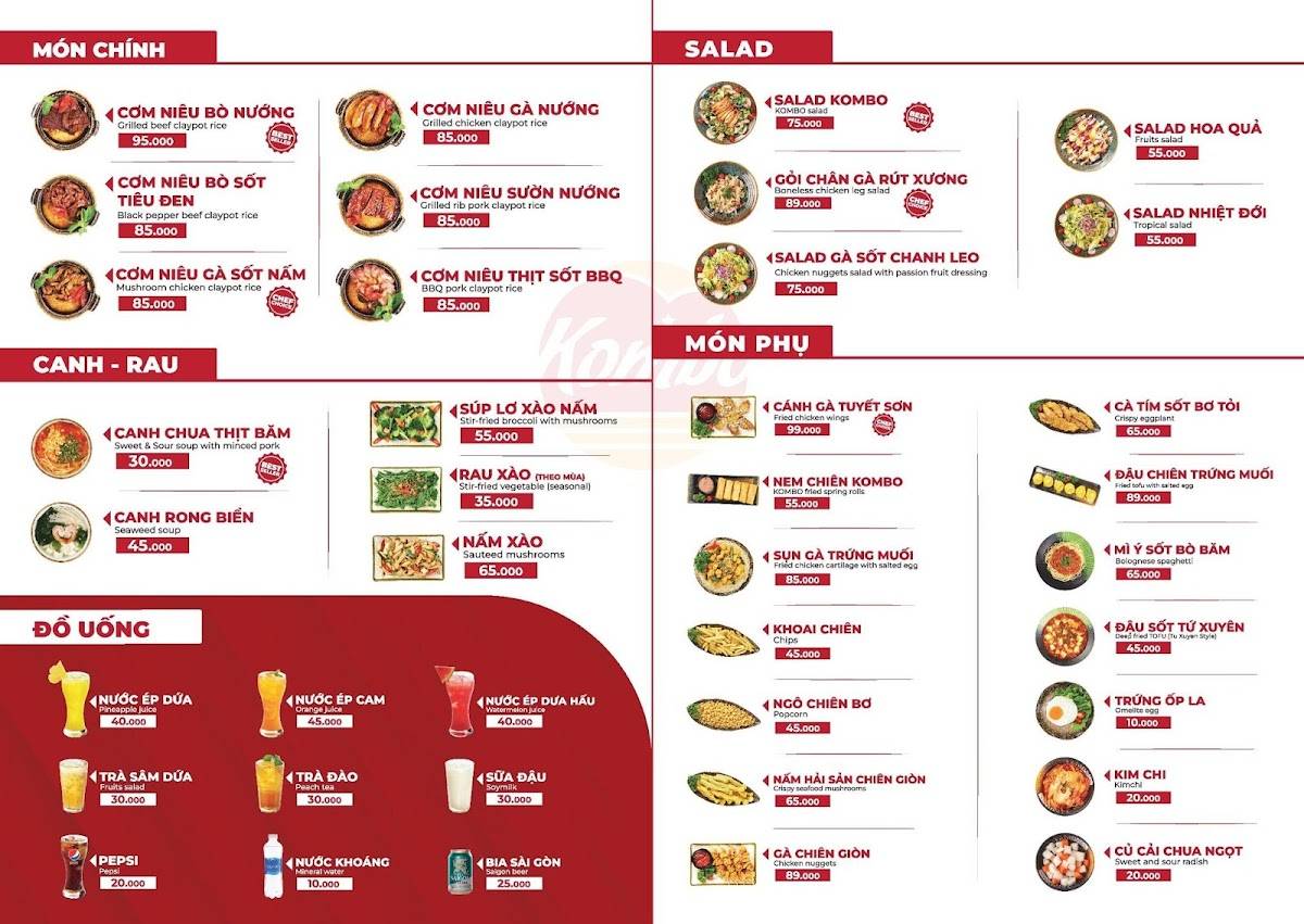 Menu at Cơm niêu Singapore KOMBO - 94 Đinh Tiên Hoàng, TP. Ninh Bình ...