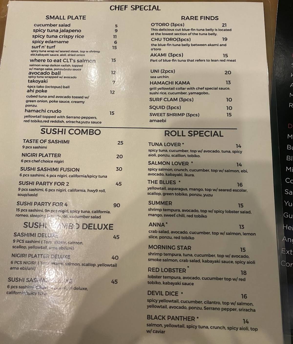 Menu at Konnichiwa restaurant, Greer