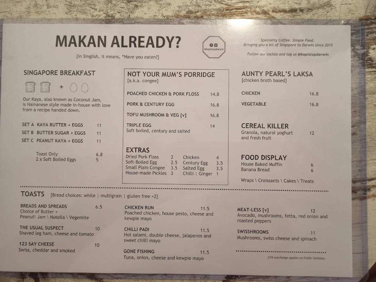Menu at Kopi Stop cafe, Darwin City