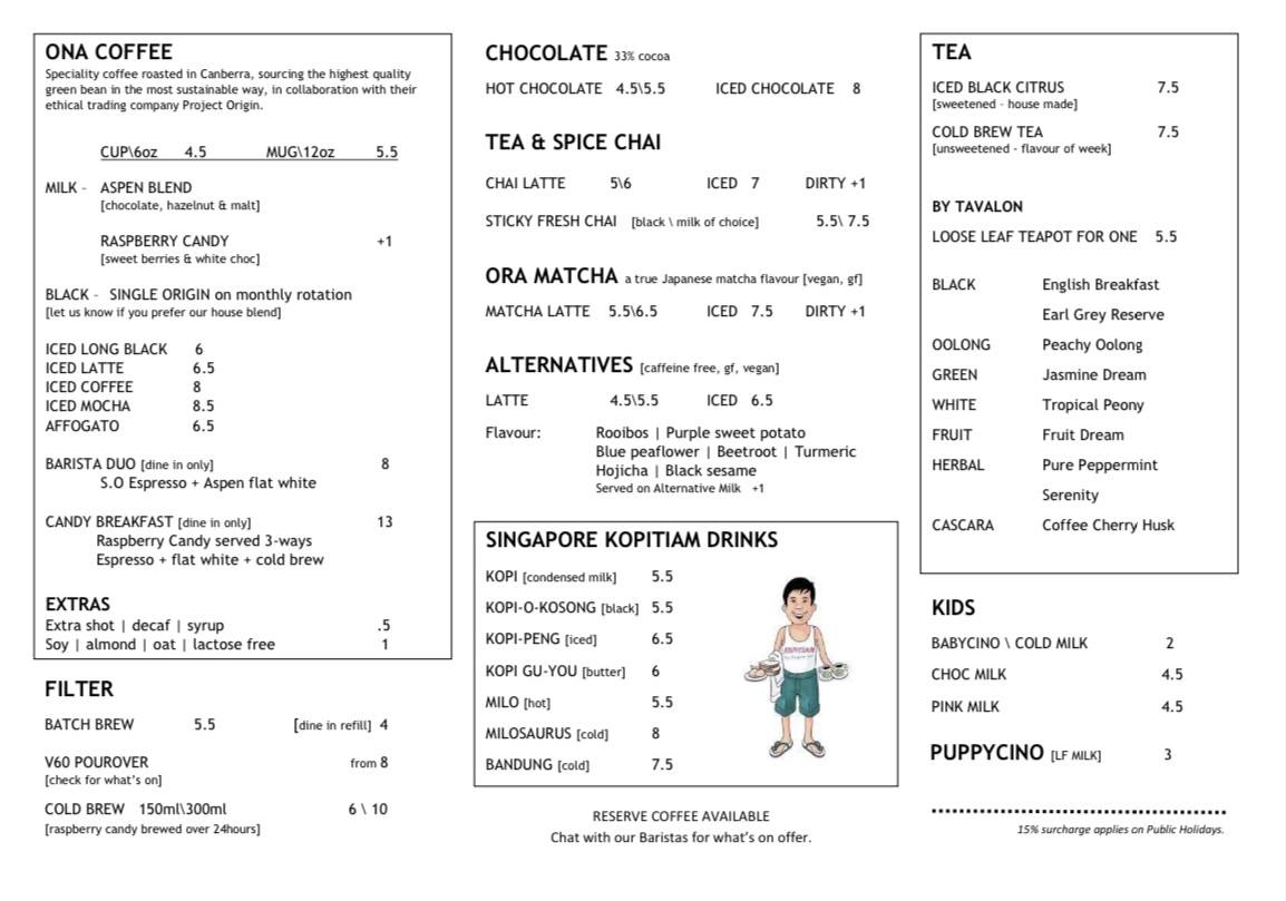 Menu at Kopi Stop cafe, Darwin City
