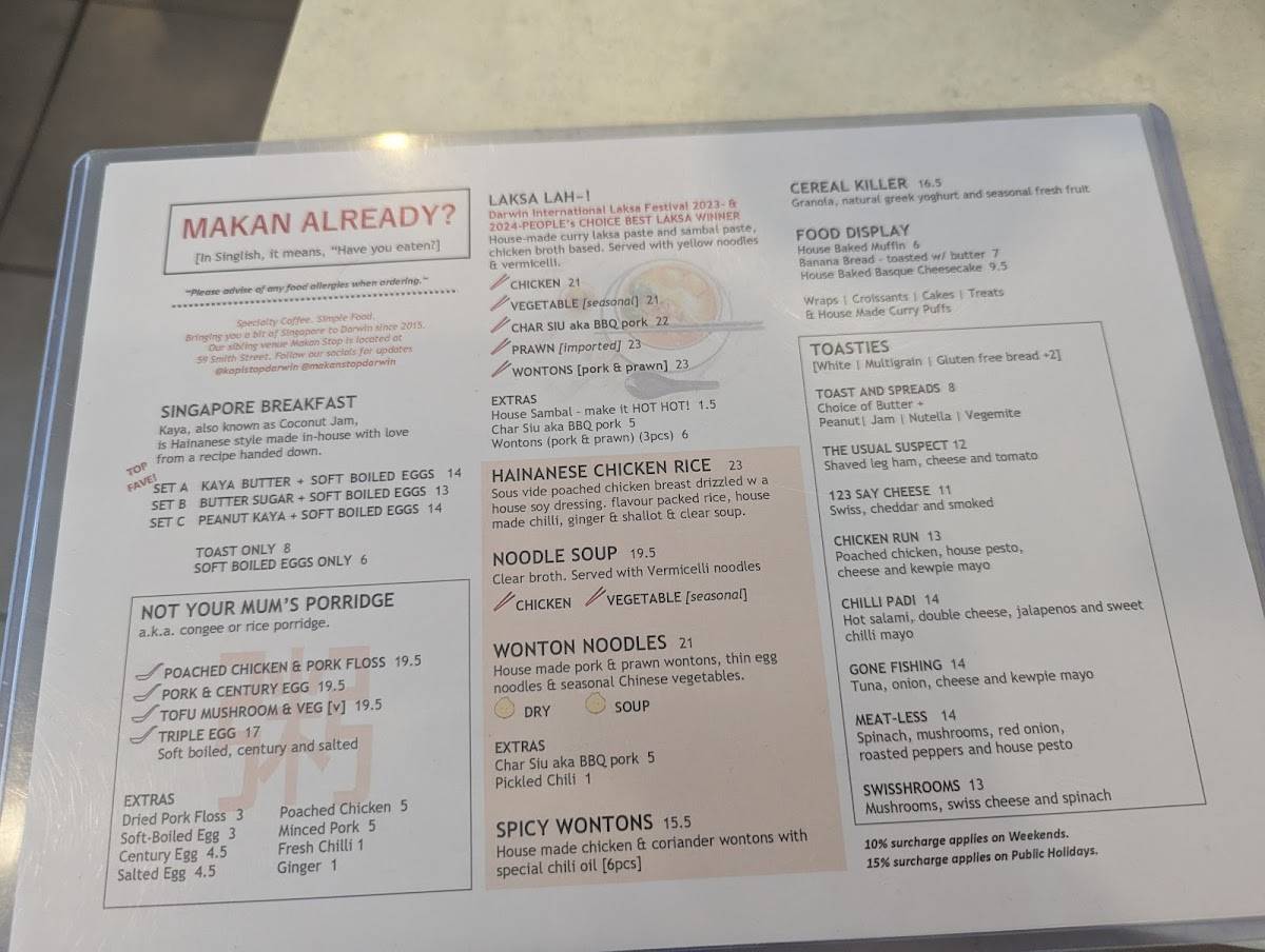 Menu at Kopi Stop cafe, Darwin City