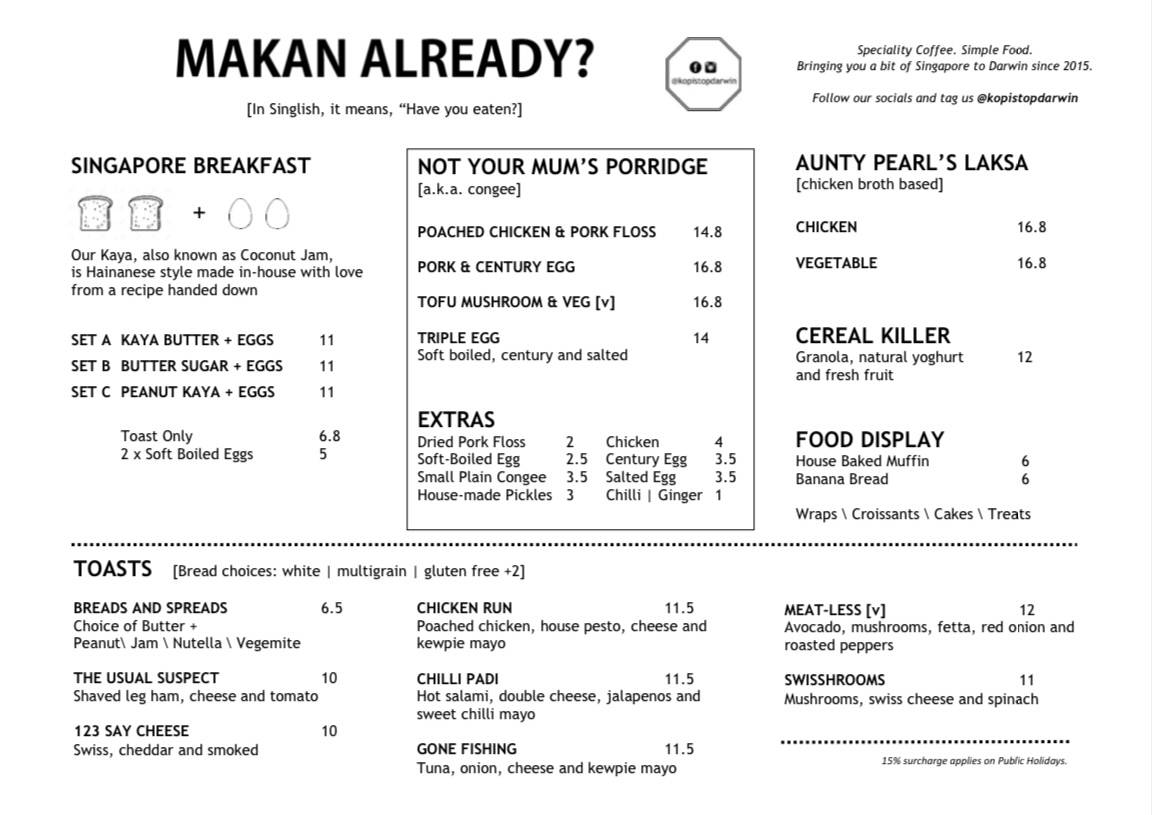Menu at Kopi Stop cafe, Darwin City