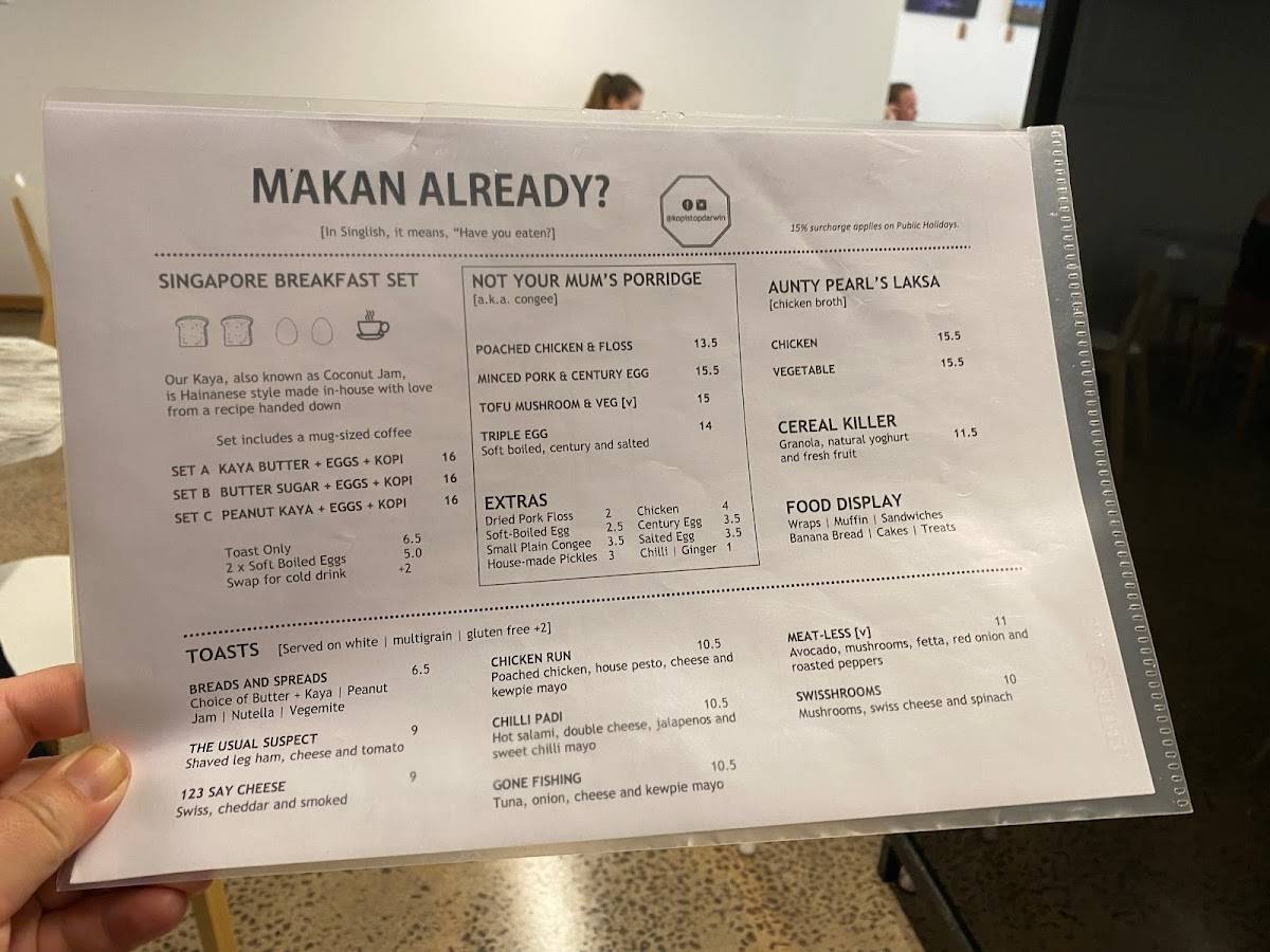 Menu at Kopi Stop cafe, Darwin City