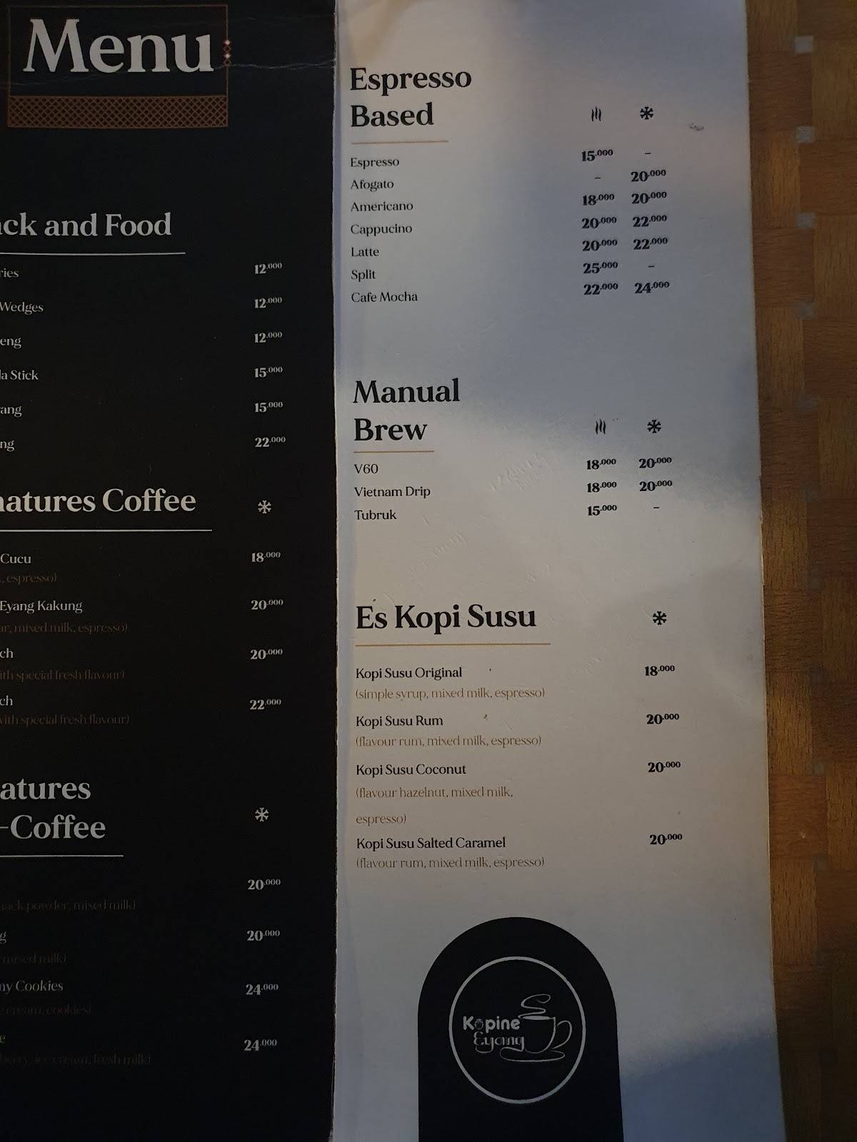 Carta del café Kopine Eyang, Yogyakarta
