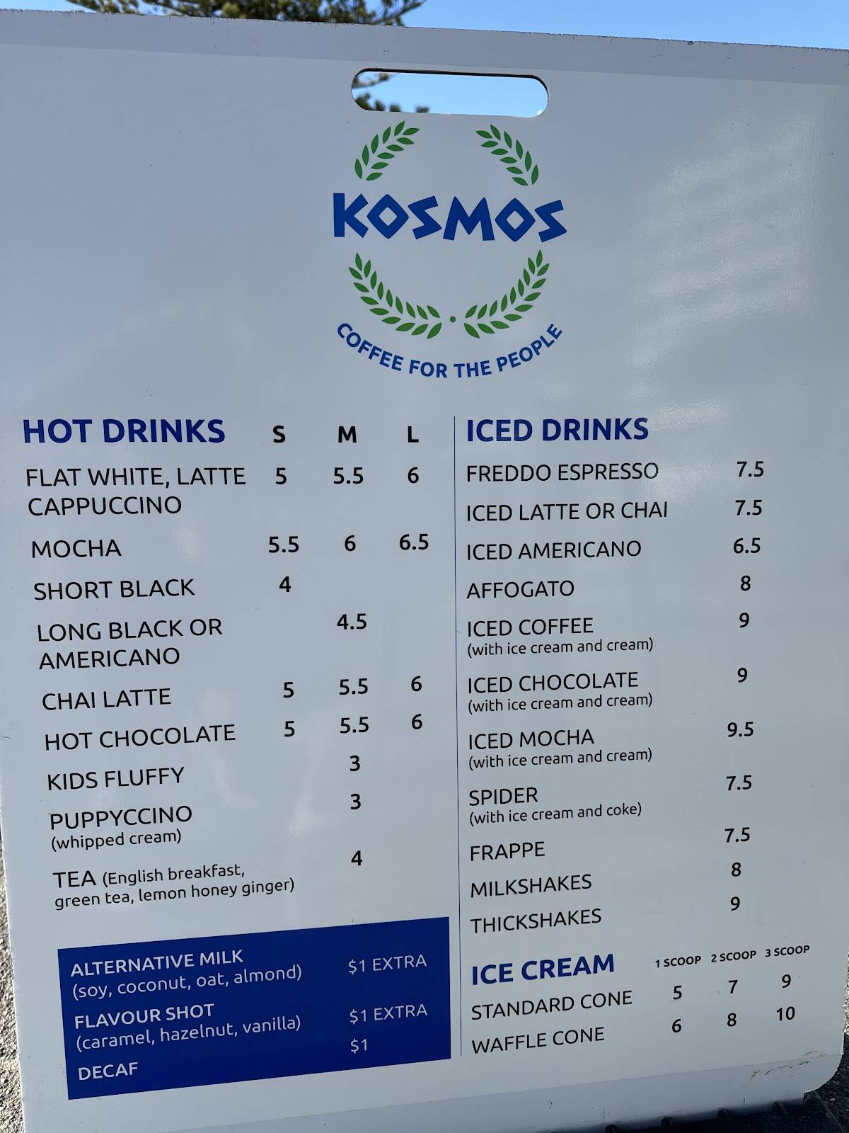 Menu at Kosmos restaurant, Wellington