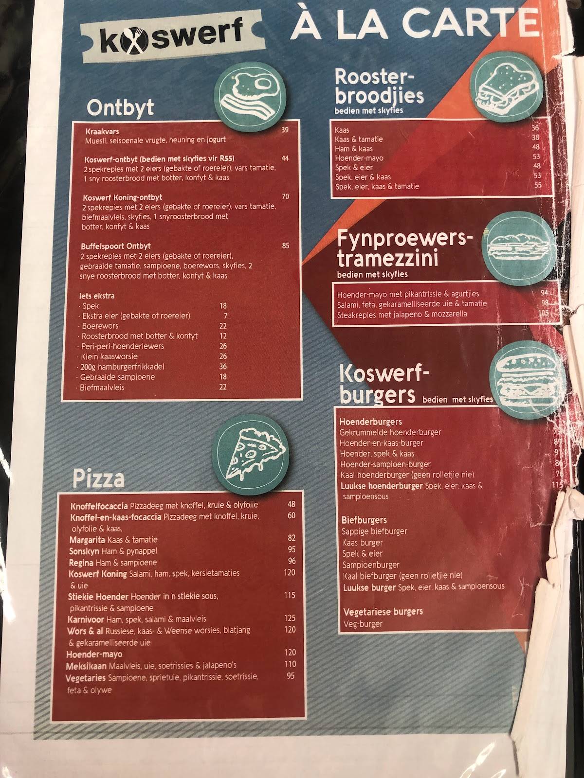 Menu at Koswerf @ATKV Buffelspoort restaurant, South Africa
