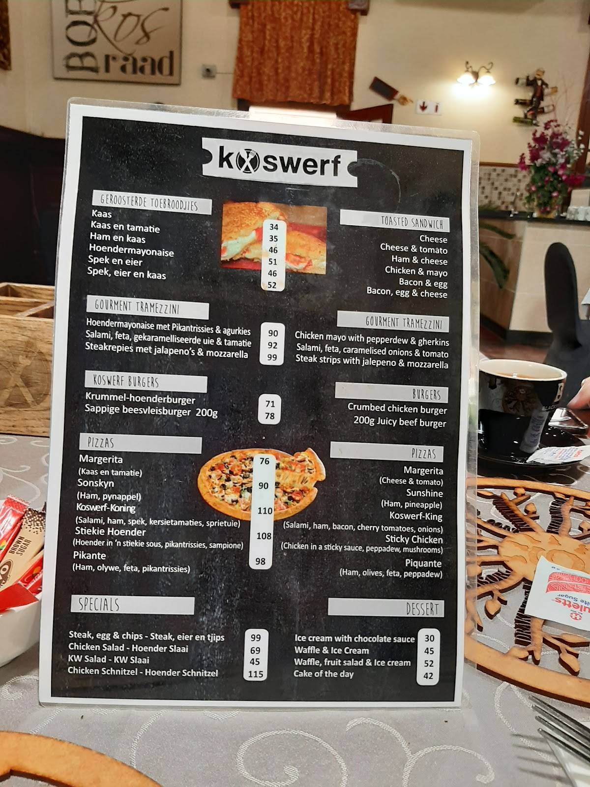 Menu at Koswerf @ATKV Buffelspoort restaurant, South Africa