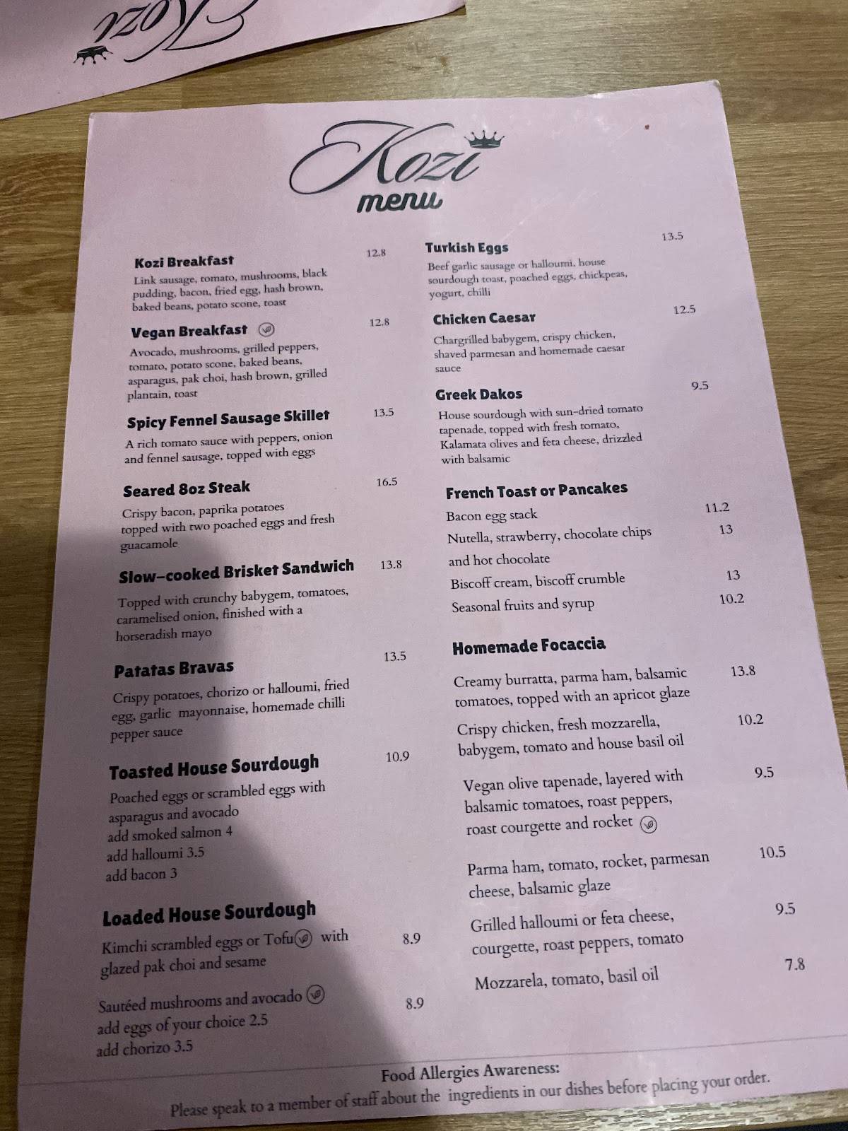Menu at Kozi Cafe, Glasgow
