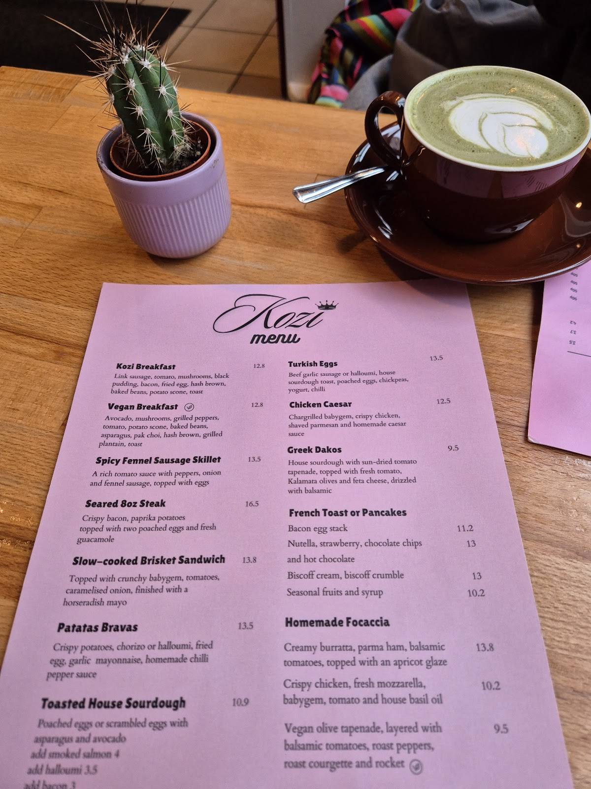 Menu at Kozi Cafe, Glasgow