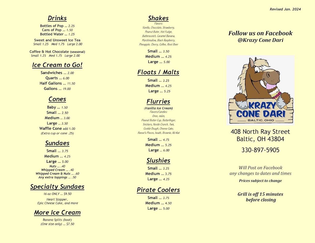 Menu at Krazy Cone Dari, Baltic