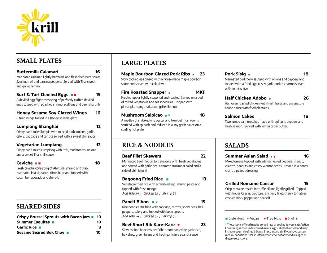 Menu at Krill restaurant, Durham