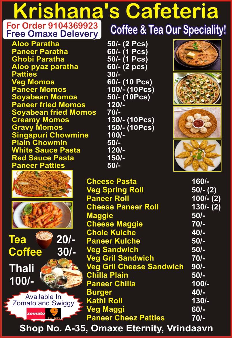 Menu at Krishna'S Cafeteria, Vrindavan