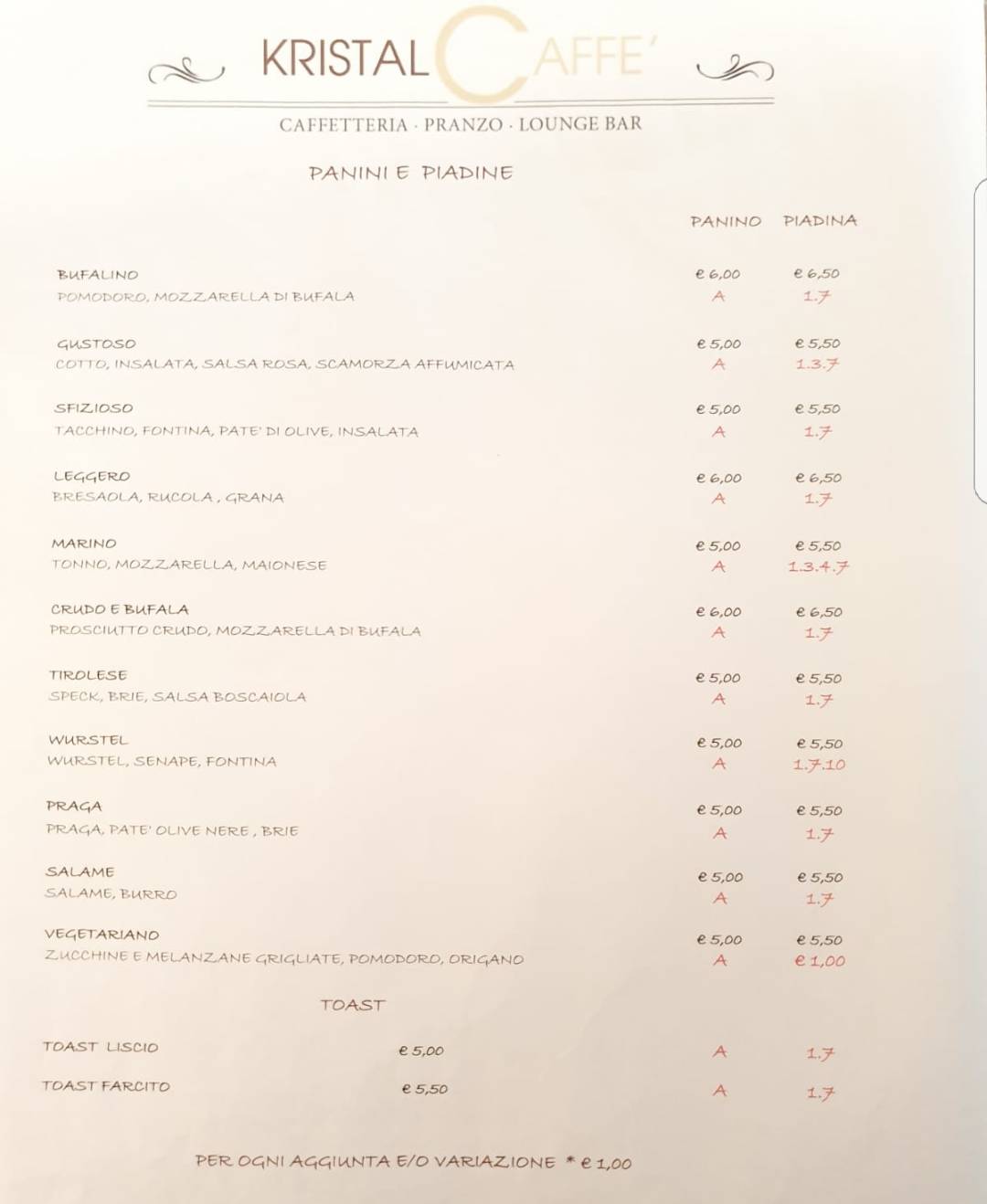 Menu da Kristal Caffè pub & bar, Guanzate