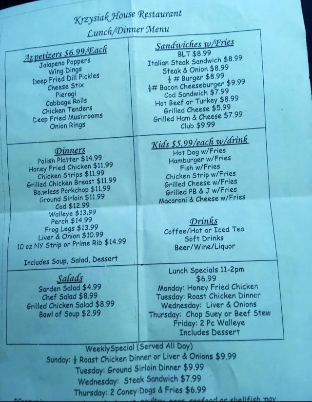 Menu at Krzysiak's House Restaurant, Bay City