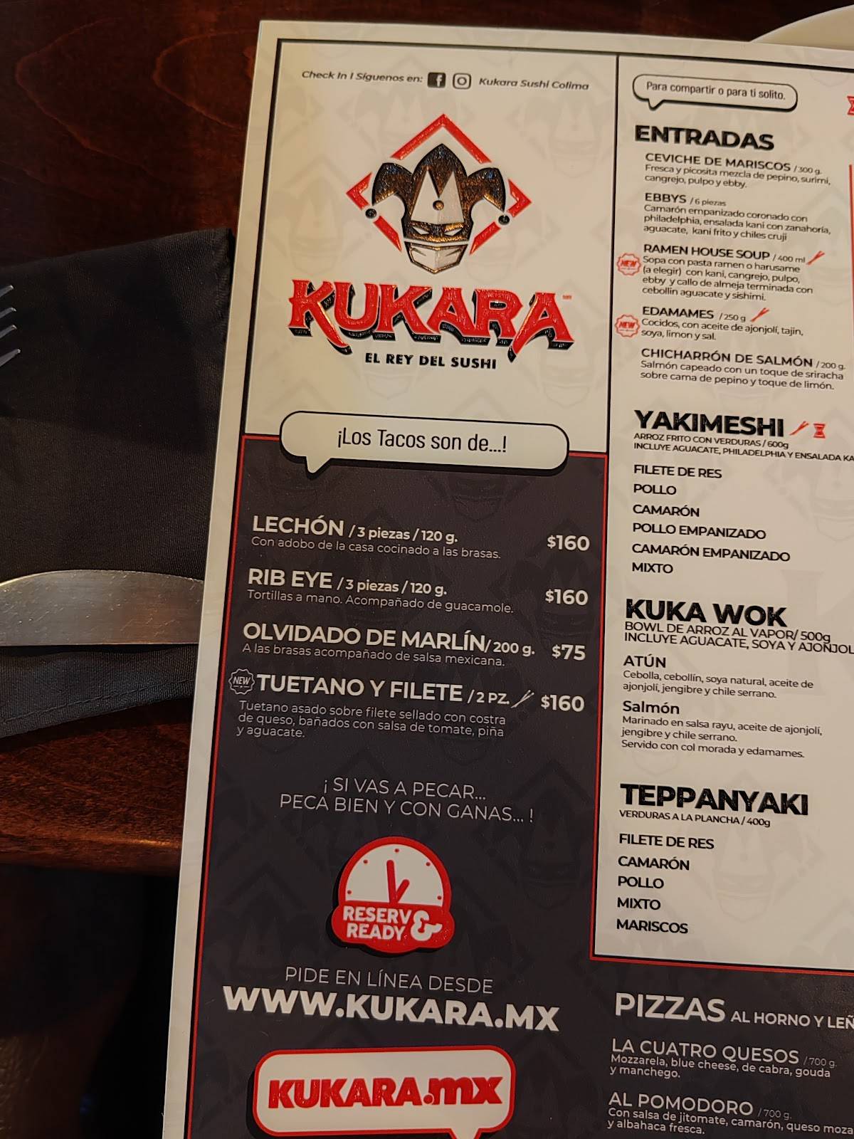 Carta del restaurante Kukara Manzanillo, Manzanillo, Division del Nte. 1511
