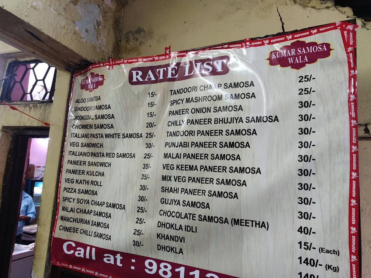 Menu at Kumar Samosa Wala, New Delhi