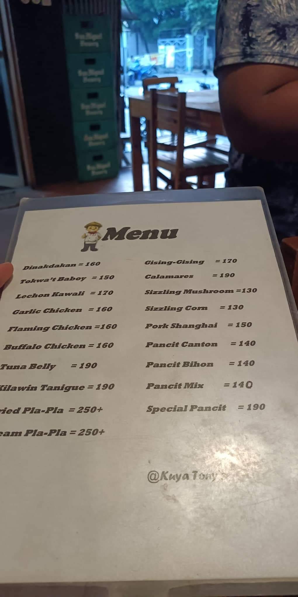 Menu at Kuya Tony's pub & bar, Taytay
