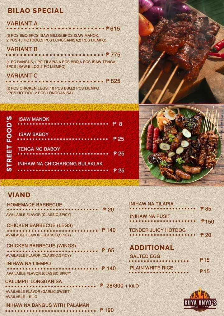 Menu at Kuya Unyo’s Ihaw-Ihaw restaurant, Malolos