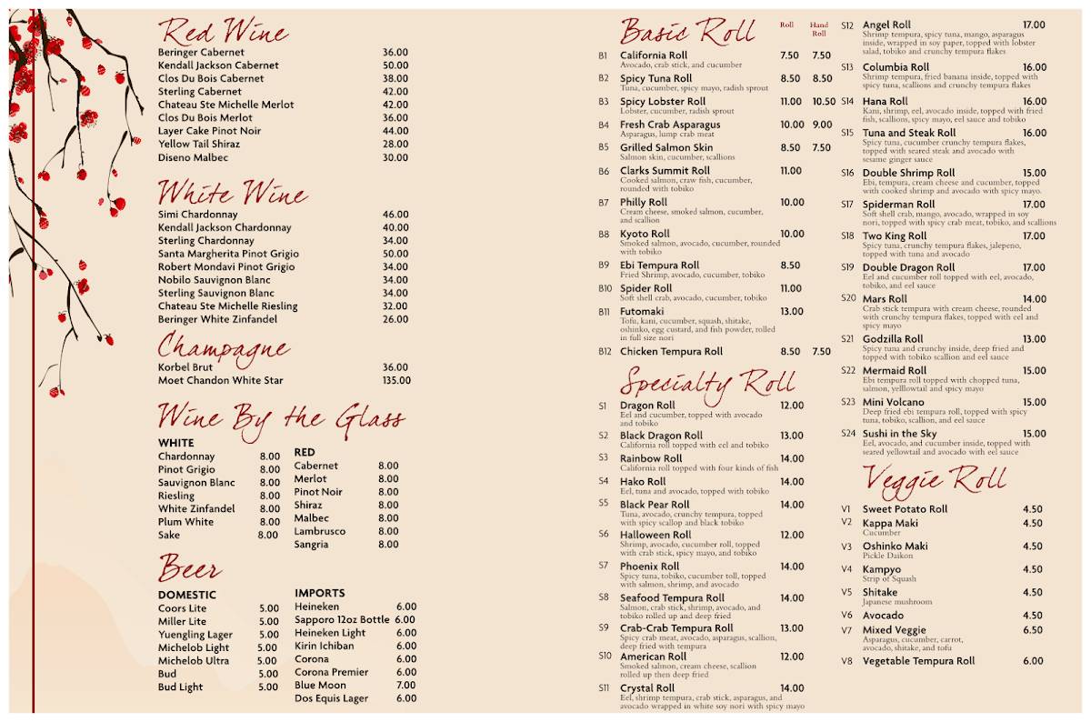 Menu at Kyoto restaurant, Clarks Summit