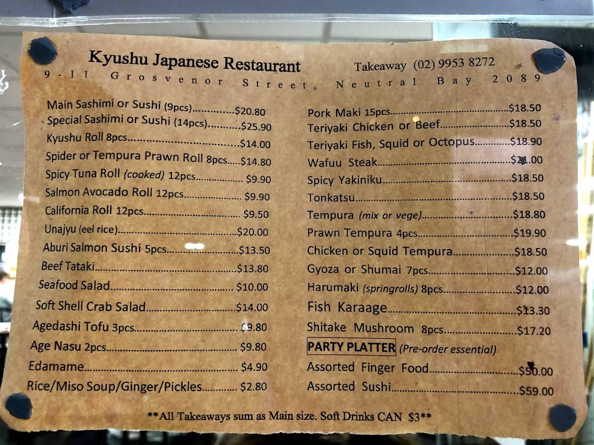 Menu at Kyushu Japanese Restaurant, Neutral Bay
