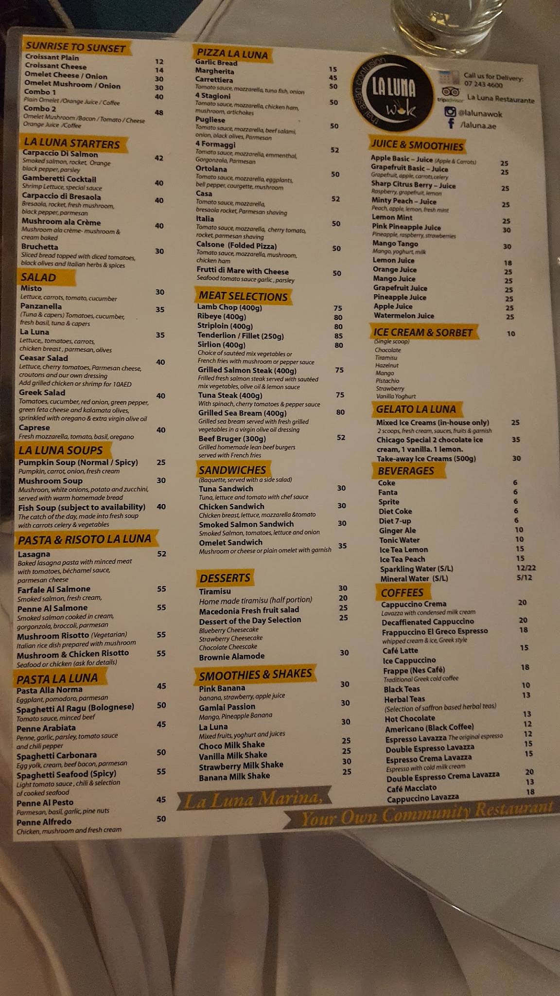 Menu at LA LUNA restaurant, Ras Al-Khaimah