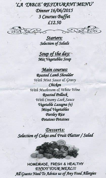 Menu at LA TABLE restaurant, London, 47 Lillie Rd