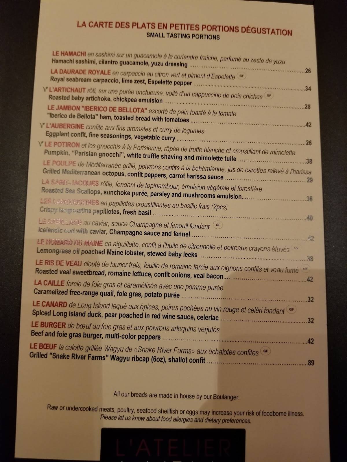 Menu at L'Atelier de Joël Robuchon restaurant, New York City, 85 10th Ave
