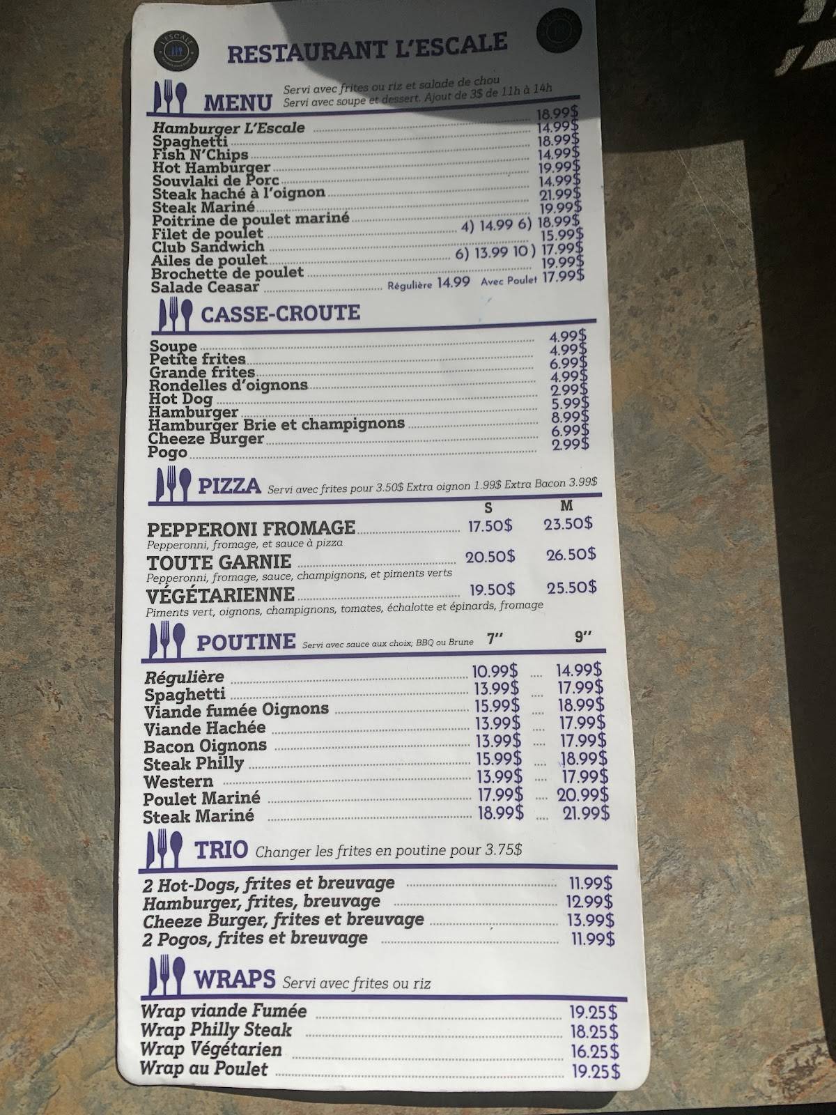 Menu au L'Escale - Restaurant, Trois-Rivières
