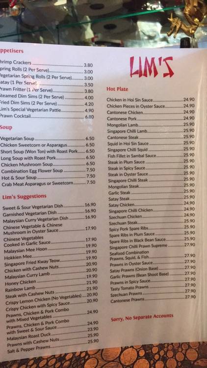 Menu at LIM'S Chinese Restaurant Glenelg, Glenelg